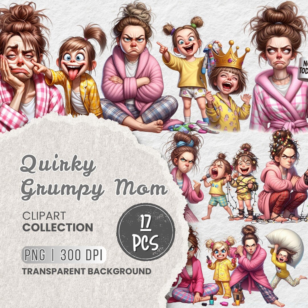 Quirky Mom Clipart Bundle, Funny Grumpy Mom & Kids, Cartoon Family PNG ...