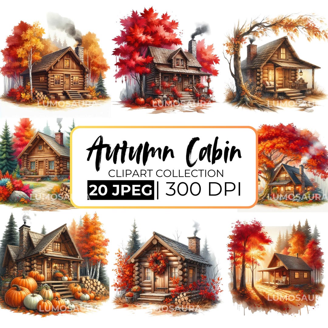 Watercolor Fall Cabin Clipart JPG Bundle, Autumn Tree House, Hunting ...