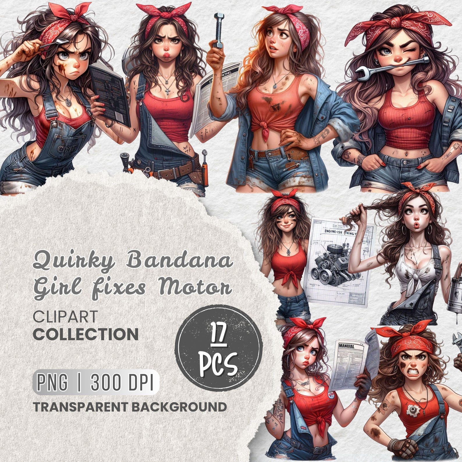 Mechanic Girl Clipart Bundle, Quirky Bandana Girl Fixes Motor PNG, Cute ...