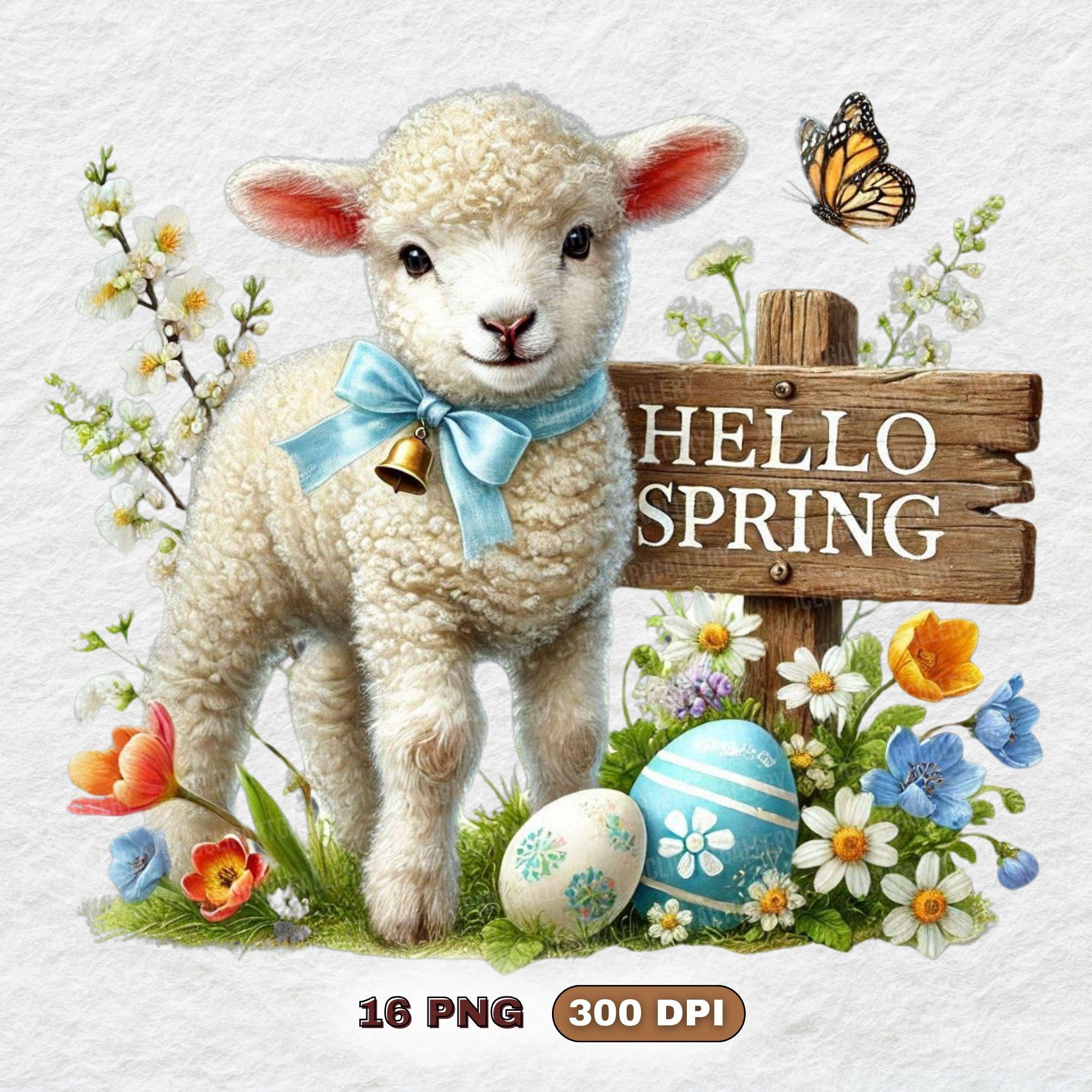 Hello Spring Lamb Clipart Png Bundle , Cute Floral Sheep PNG With ...