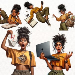 Quirky College Black Girl Clipart Bundle, Melanin College Student, Afro ...