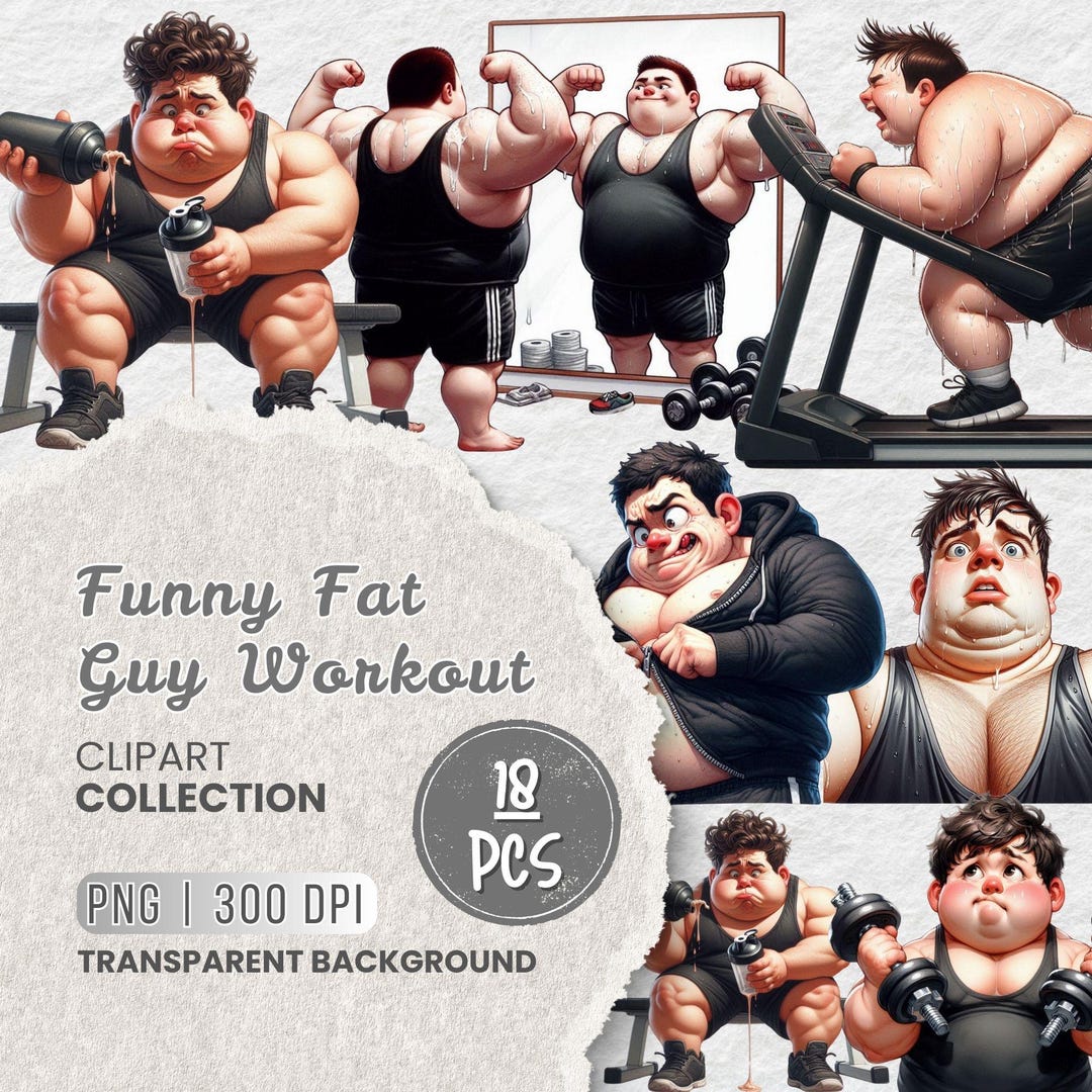 Funny Fat Guy Workout Clipart Bundle, Gym Humor PNG, Cute Chubby Guy ...