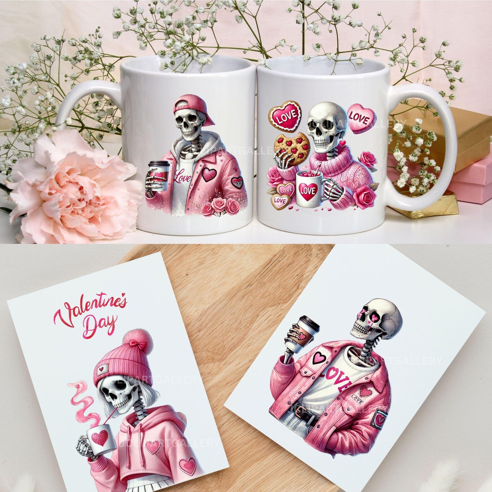 Valentine Skeleton Clipart Bundle PNG, Coffee Lover Skeletons, Cute ...