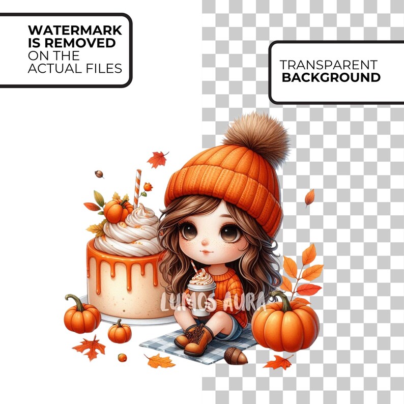 Watercolor Chibi Doll PNG Clipart Bundle With Pumpkin Spice Latte ...