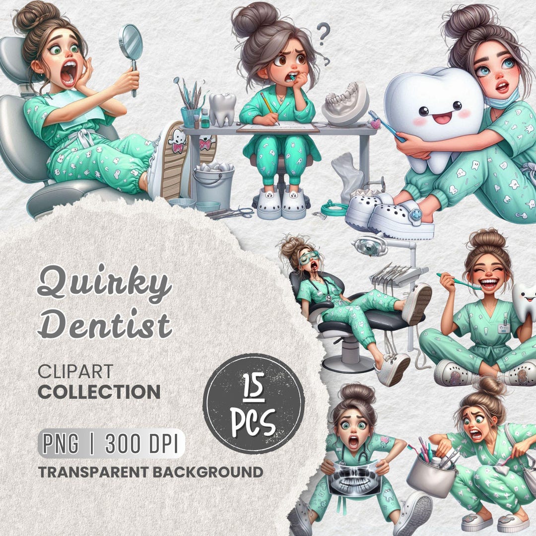 Quirky Dentist Clipart Bundle, Dental Humor, Funny Dental Illustrations ...