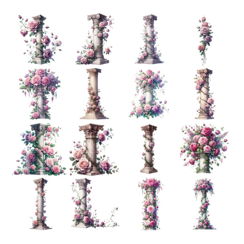 Floral Column Pillars Clipart PNG Bundle, Vintage Rose Pillar ...