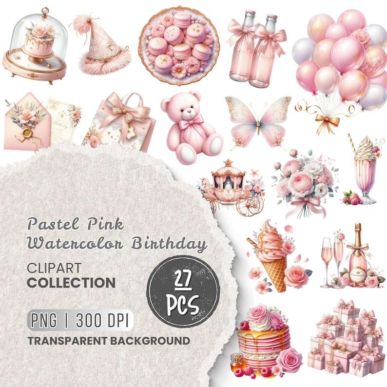Watercolor Pink Birthday Clipart Bundle Set, Birthday PNG, Watercolor ...