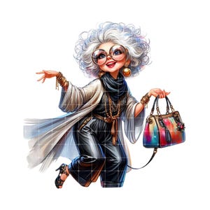 Fashionable Granny JPEG Clipart Bundle, Glamorous Senior Woman Cartoon ...