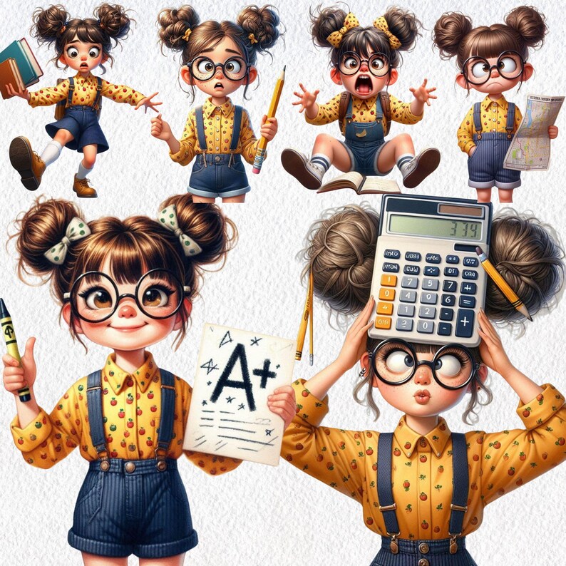 Quirky Back to School Girl Clipart, Cute Nerdy Student PNG, Funny ...
