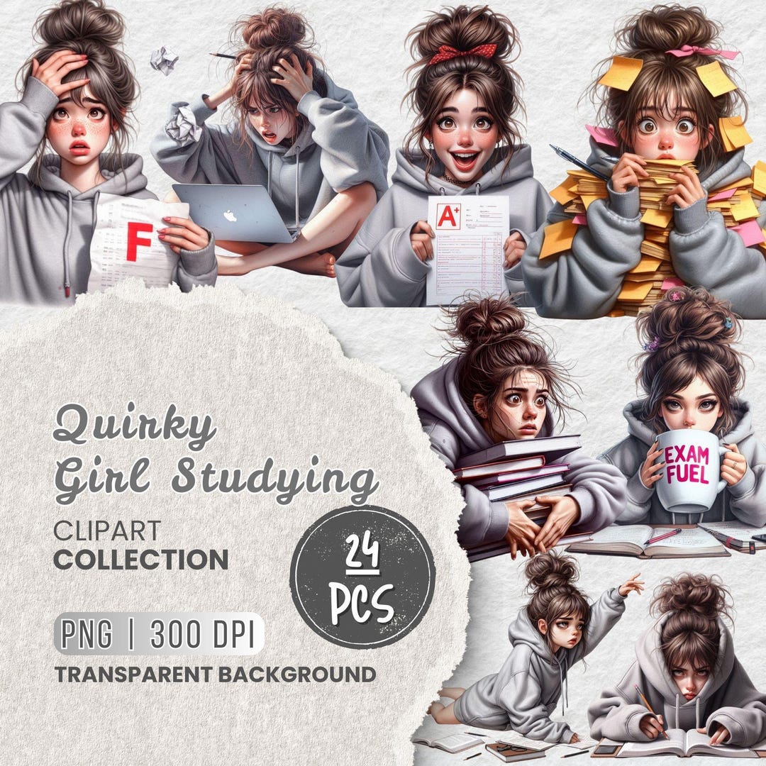 Funny Girl Studying Png Clipart, Quirky Student Clipart, Whimsical Girl ...