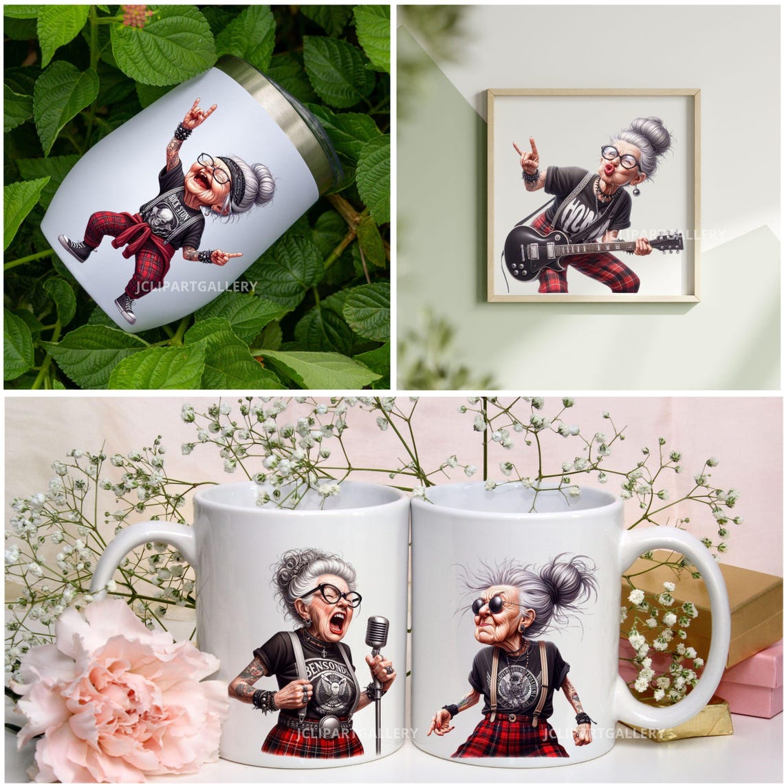 Quirky Rockstar Grandma Clipart, Funny Punk Granny, Musician Grandma ...