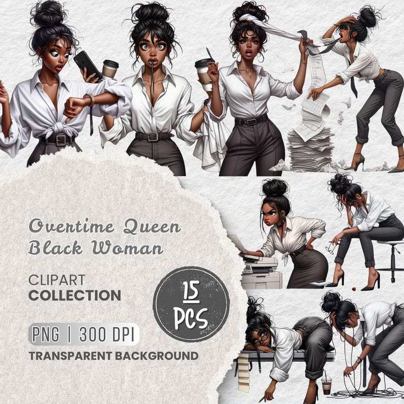 Overtime Queen Black Woman Clipart, Busy Office Lady, Working Hard Girl ...