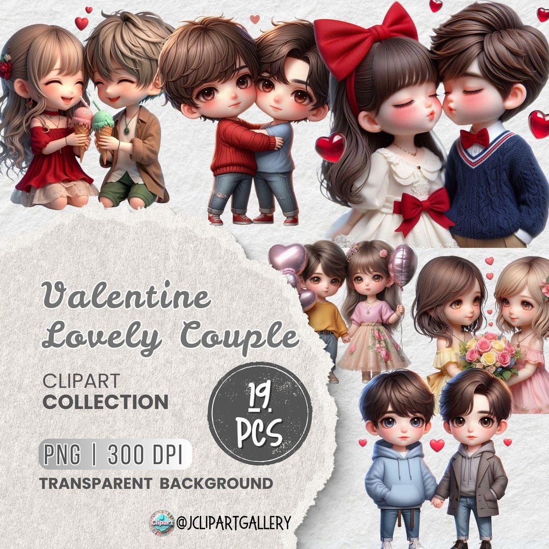 Cute Chibi Valentine Couples PNG Bundle, Cute Couple Clipart ...
