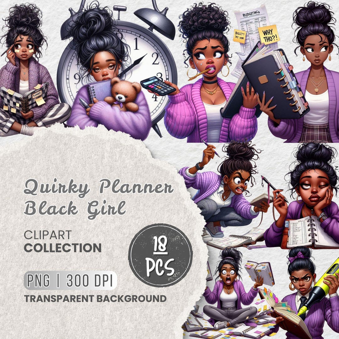 Quirky Planner Black Girl Clipart Bundle PNG, Cute Study & Budgeting ...