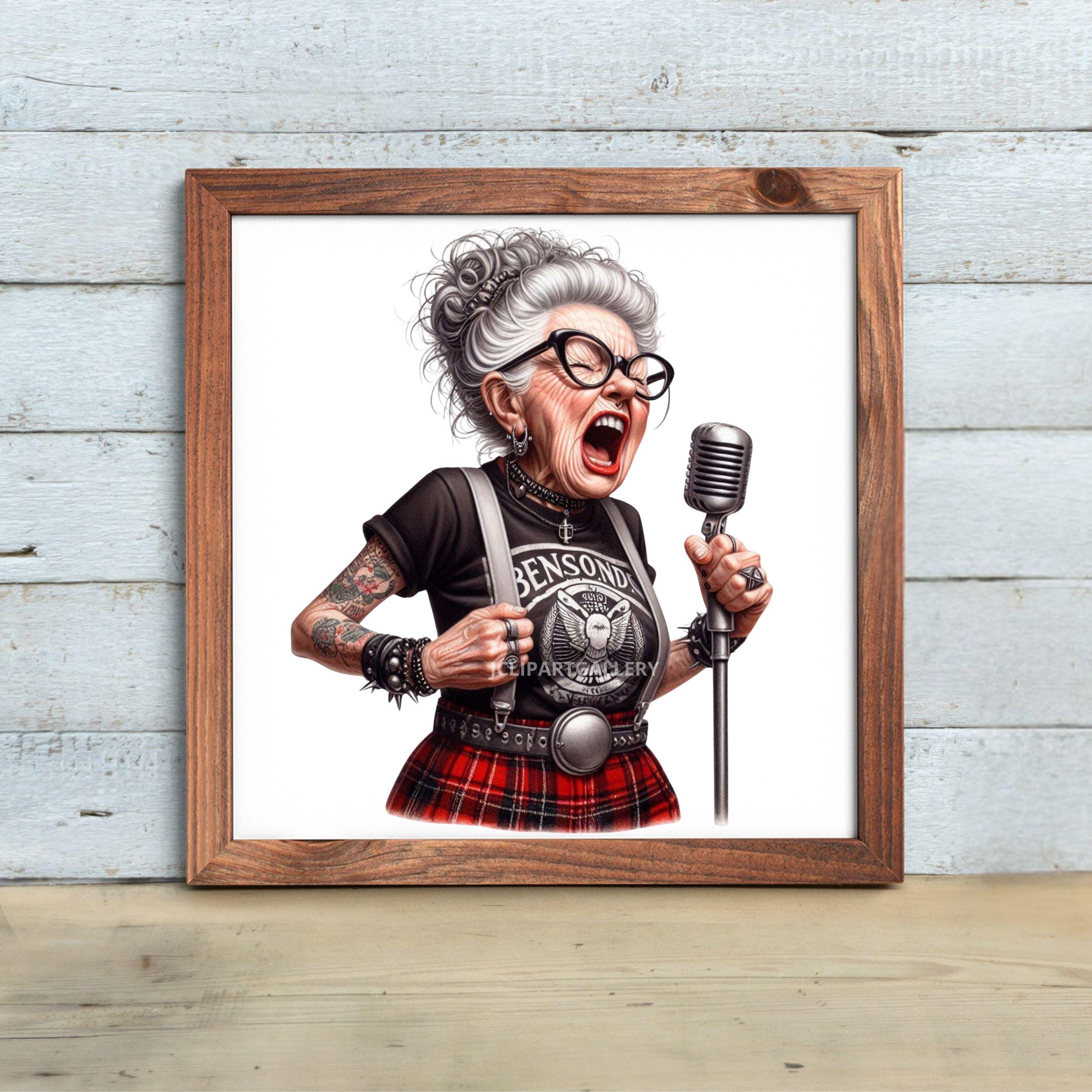 Quirky Rockstar Grandma Clipart, Funny Punk Granny, Musician Grandma ...