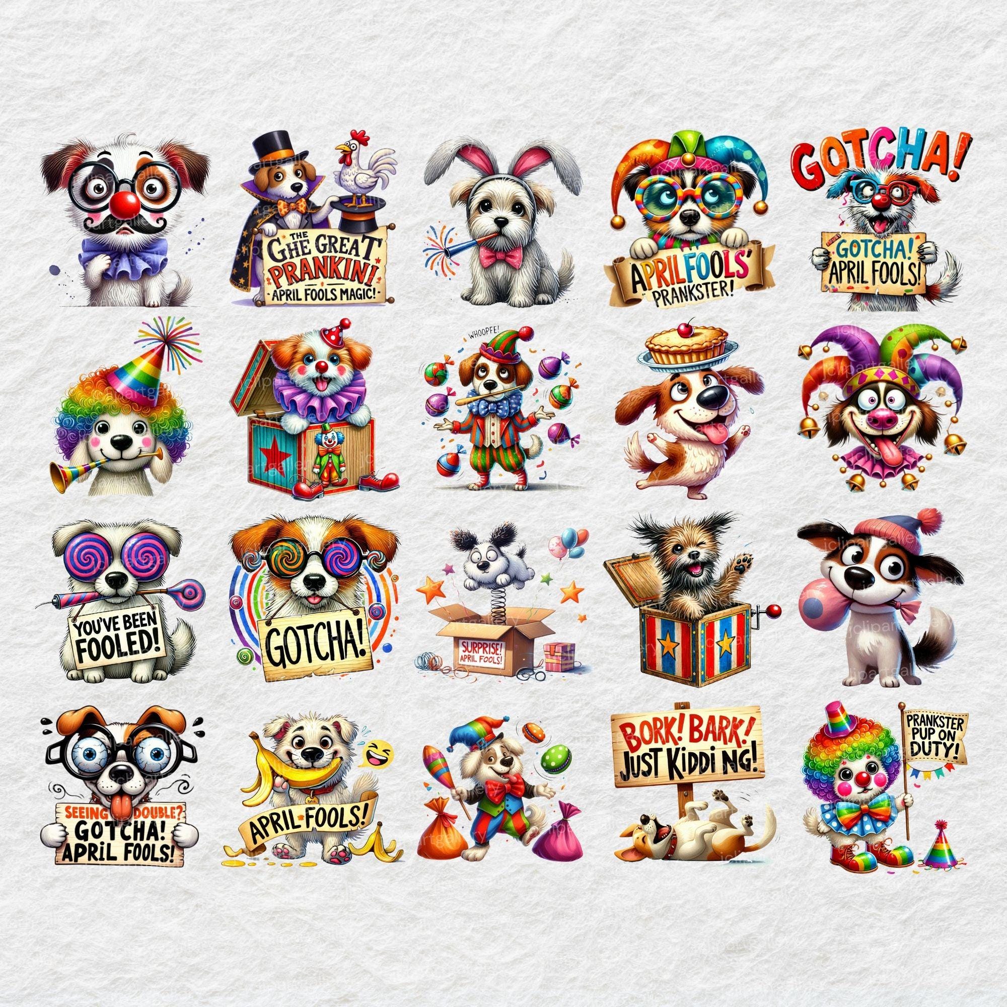 April Fools Dog Clipart Bundle, Funny Prankster Puppy PNG, Clown Dog ...