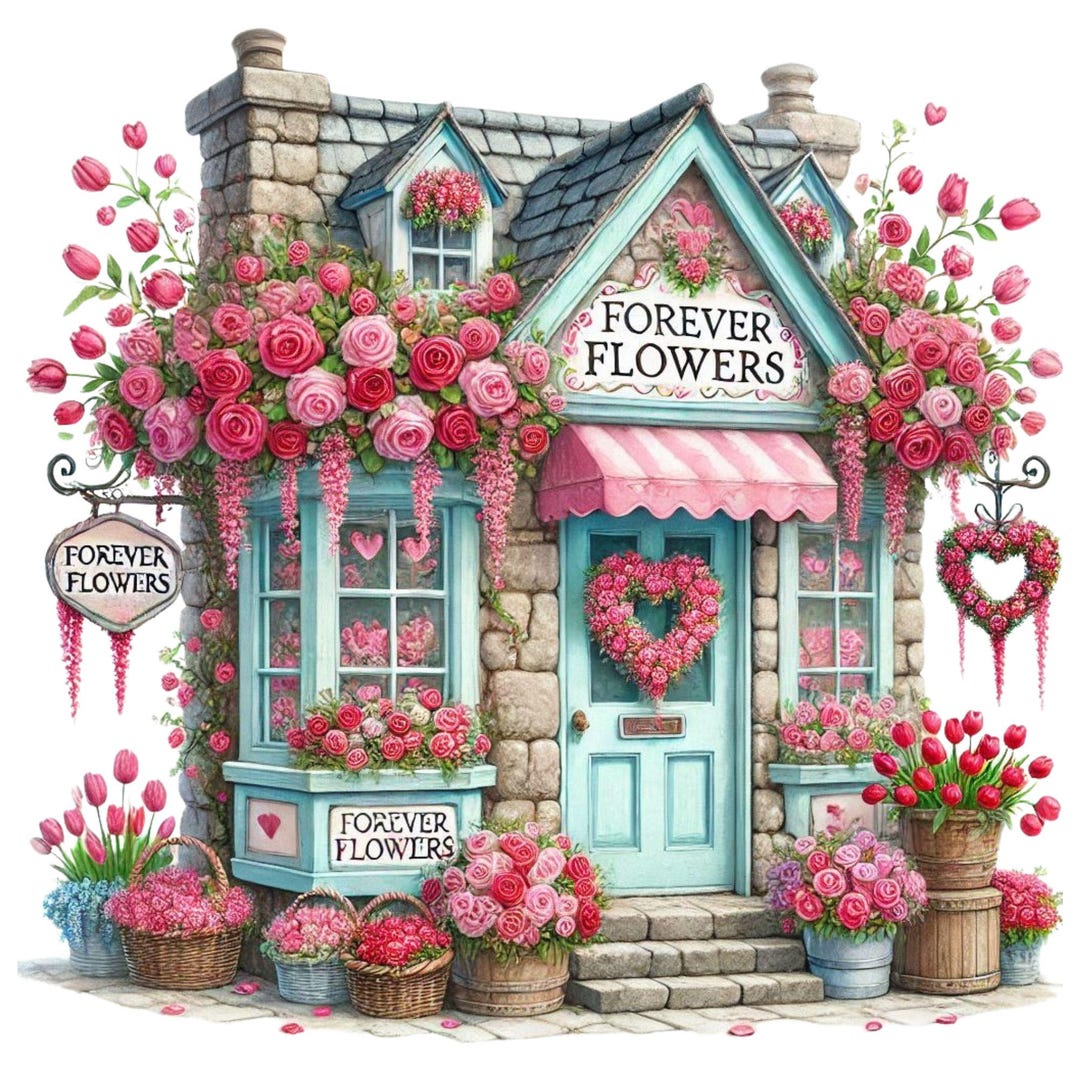 Valentine Shop Watercolor Clipart, Fantasy Floral Shop (digital ...