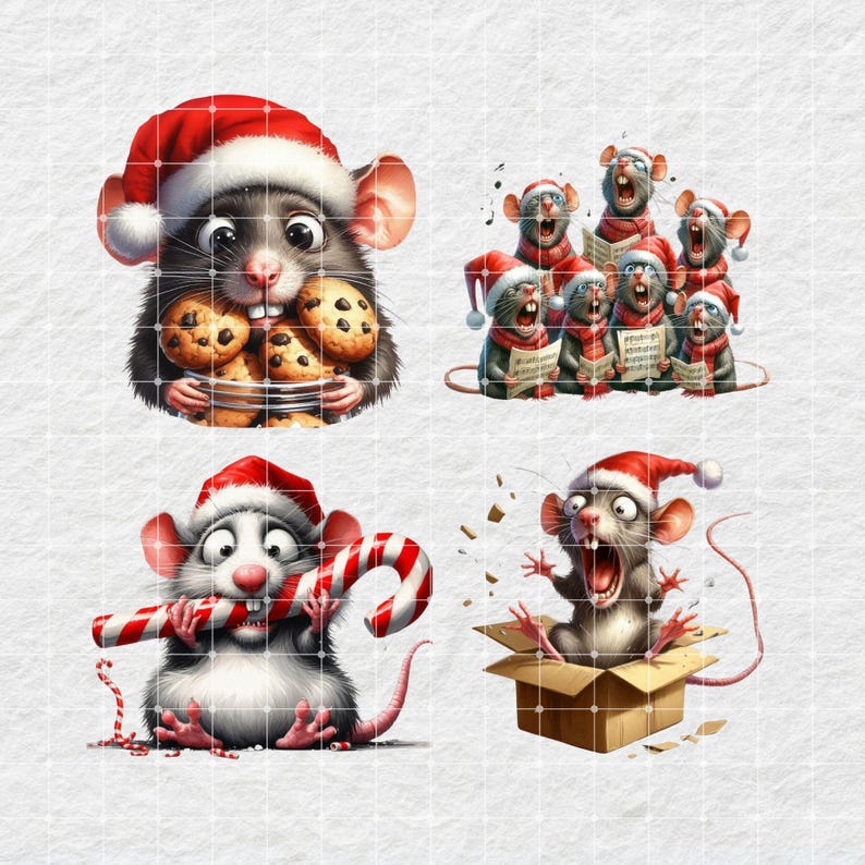 Quirky Funny Christmas Mice Mouse Rat PNG Clipart Bundle, Watercolor ...