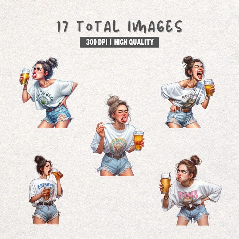 Quirky Drunk Girl Clipart Bundle, Funny Party Drinking PNG ...