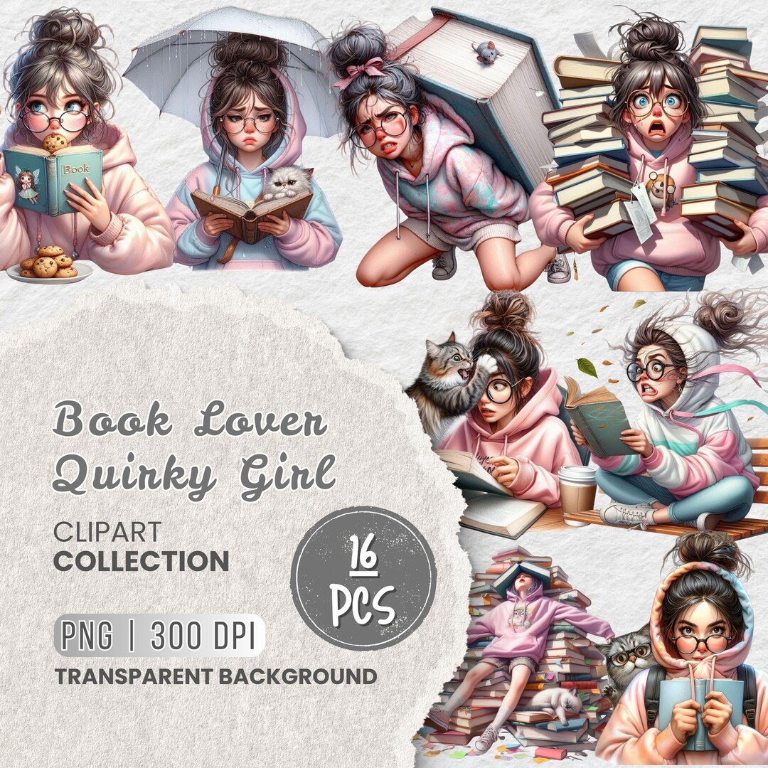 Quirky Book Lover Png Clipart 16, Booktrovert Clipart, Funny Girl ...