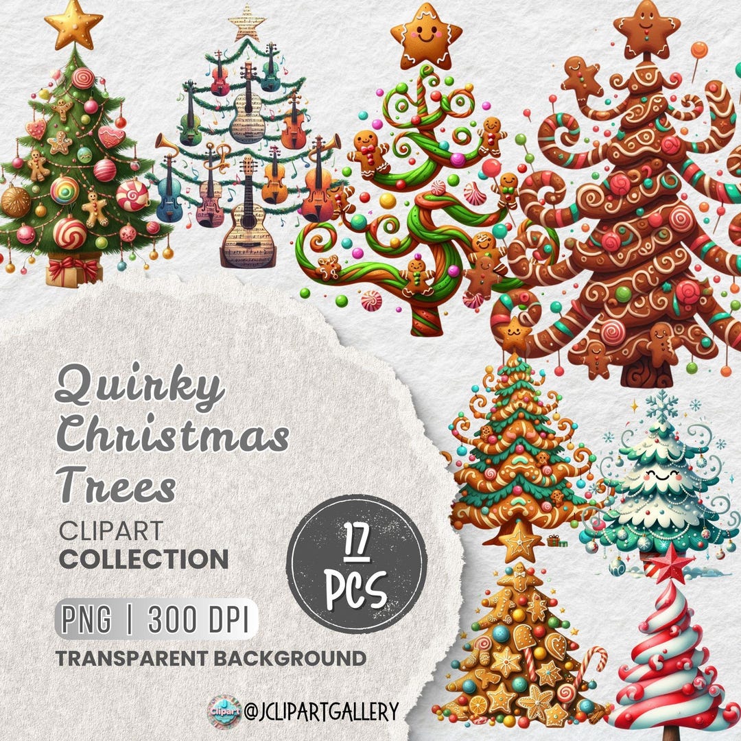 Whimsical Christmas Tree Clipart PNG Bundle, Quirky Winter Holiday ...