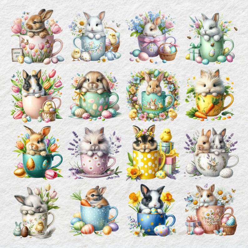 Easter Bunny in Teacup Png Clipart Bundle, Watercolor Rabbits and ...