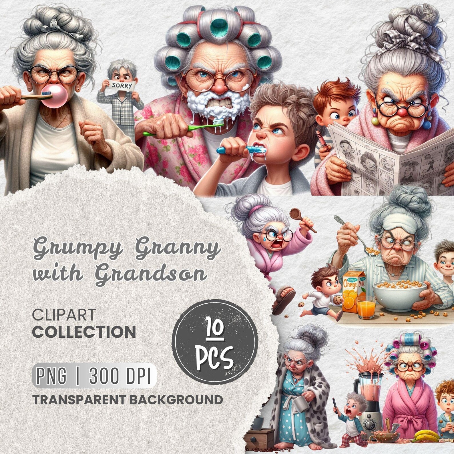 Grumpy Granny and Grandson Clipart, Funny Cartoon PNG, Funny Family ...