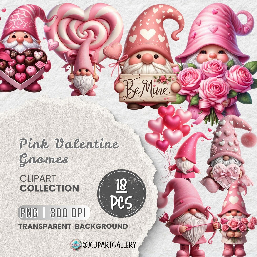 Pink Valentines Gnomes Clipart Set, Valentine's Day Clipart, Love Gnome ...