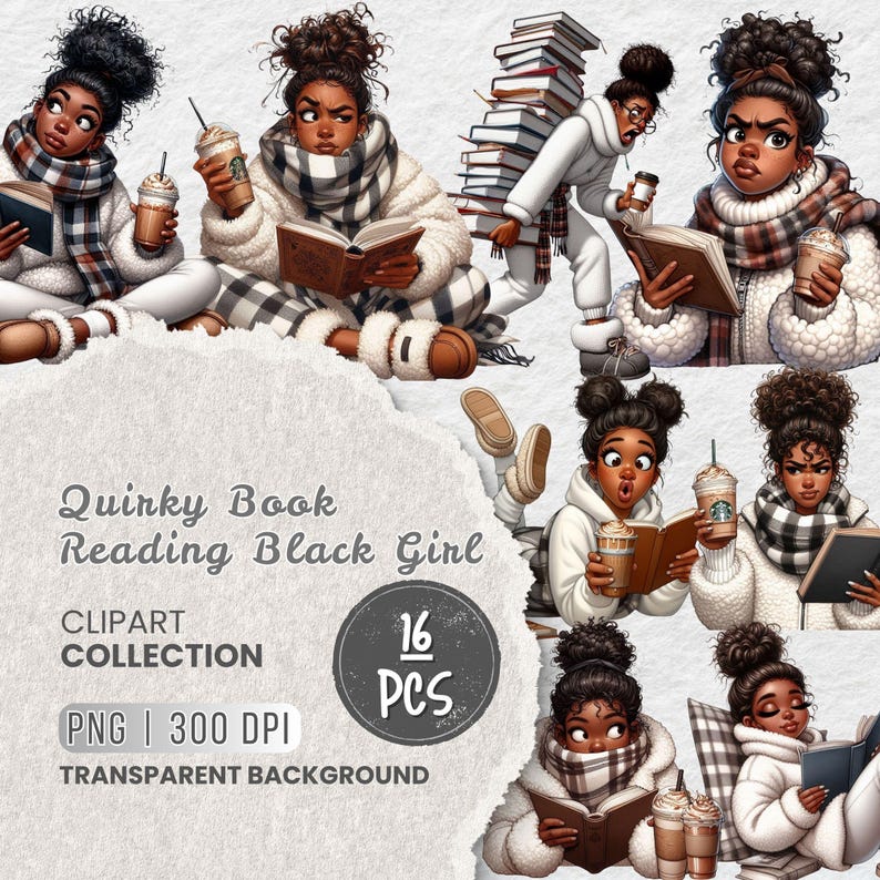 Black Girl Reading Clipart Bundle, Cozy Bookish Winter Png, Afro ...