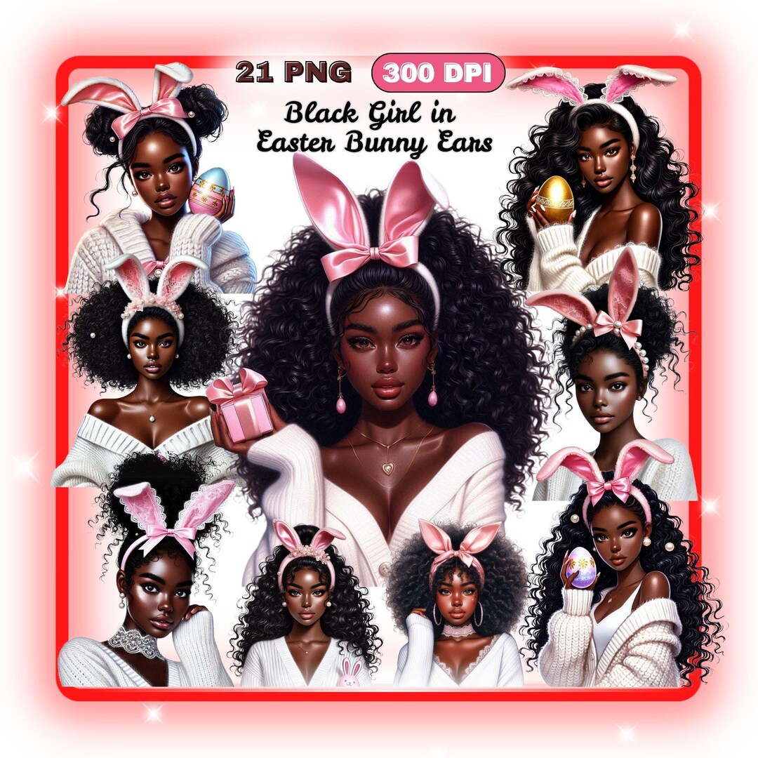 Easter Black Girl Clipart Bundle, Afro Bunny Ears PNG, Melanin Easter ...