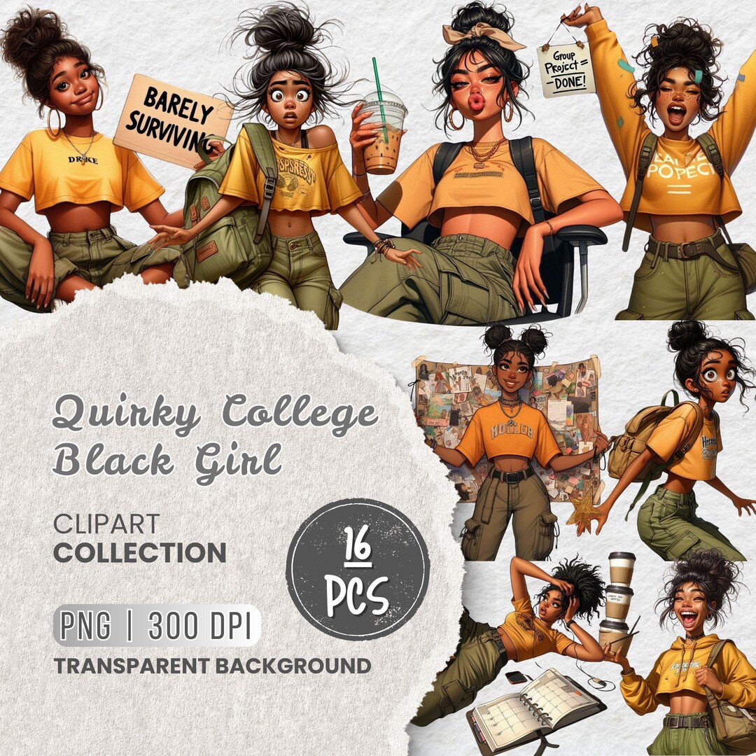 Quirky College Black Girl Clipart Bundle, Melanin College Student, Afro ...