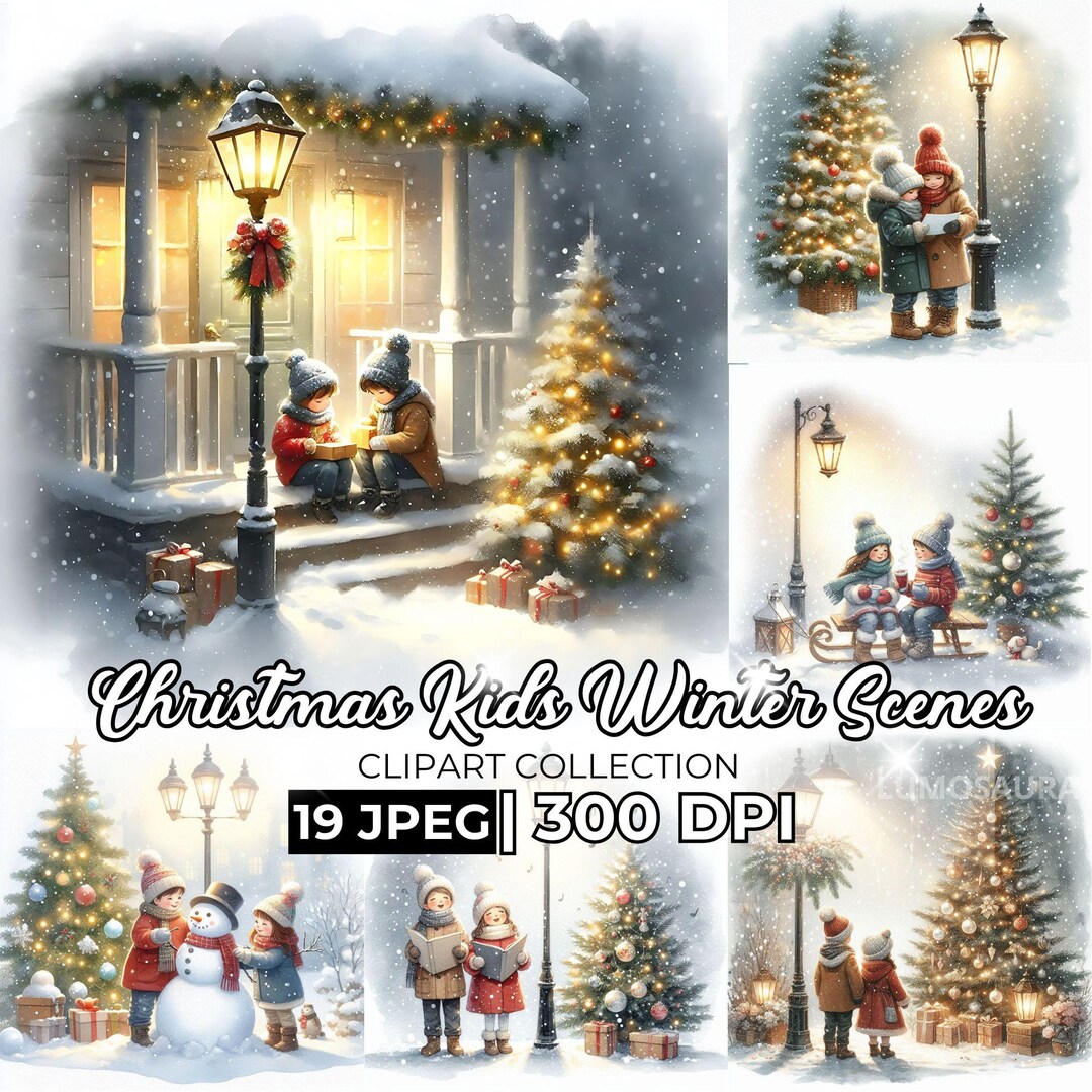 Christmas Kids Winter Scenes Clipart Bundle, Festive Snow Scenes With ...