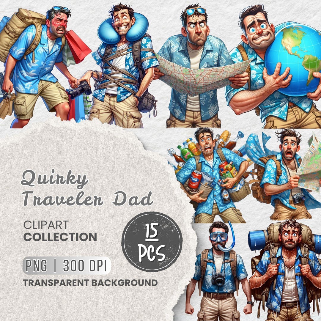 Quirky Traveler Dad Clipart, Funny Vacation Dad PNG Bundle, Funny ...