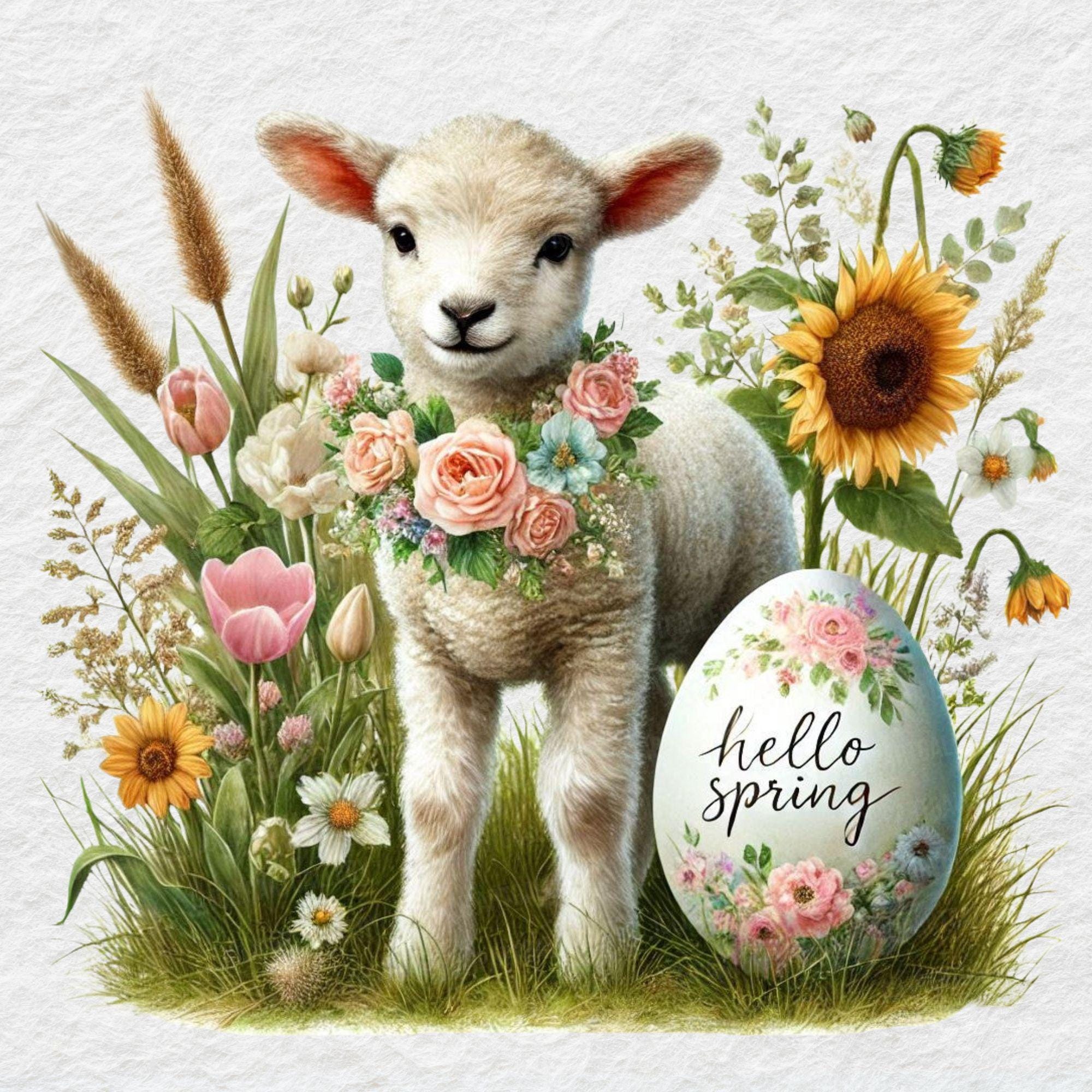 Hello Spring Lamb Clipart Png Bundle , Cute Floral Sheep PNG With ...