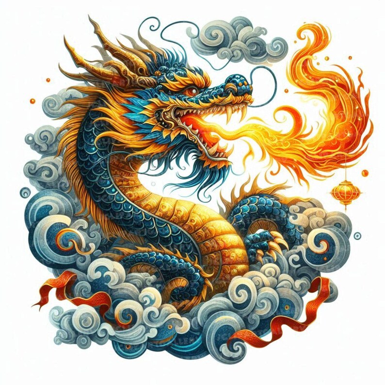 Chinese Dragon Clipart Bundle JPEG, Watercolor Fire Dragon Designs for ...