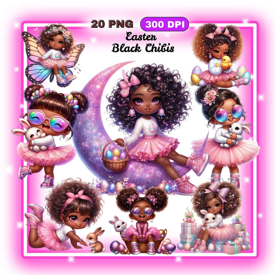 20 Chibi Easter Cute Black Baby Girl Png, Easter Clipart, Black Girl ...