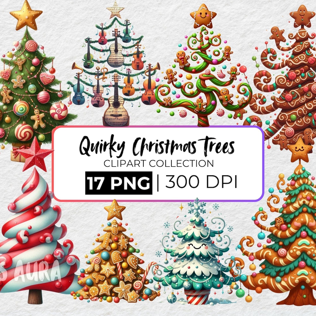 Whimsical Christmas Tree Clipart PNG Bundle, Quirky Winter Holiday ...