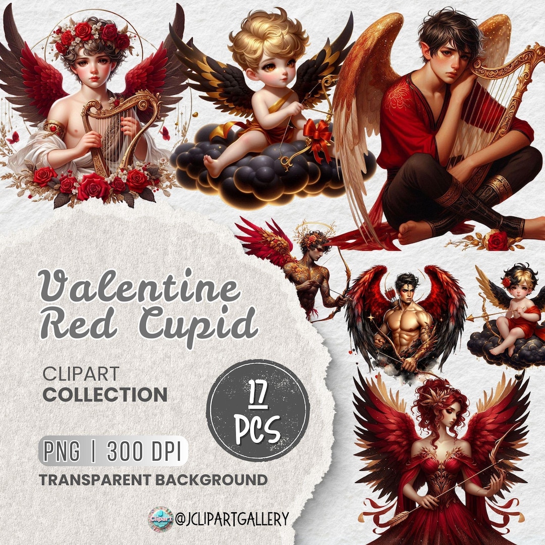 Red Cupid and Cherub Clipart Bundle, Gothic Red & Black Fantasy Angel ...