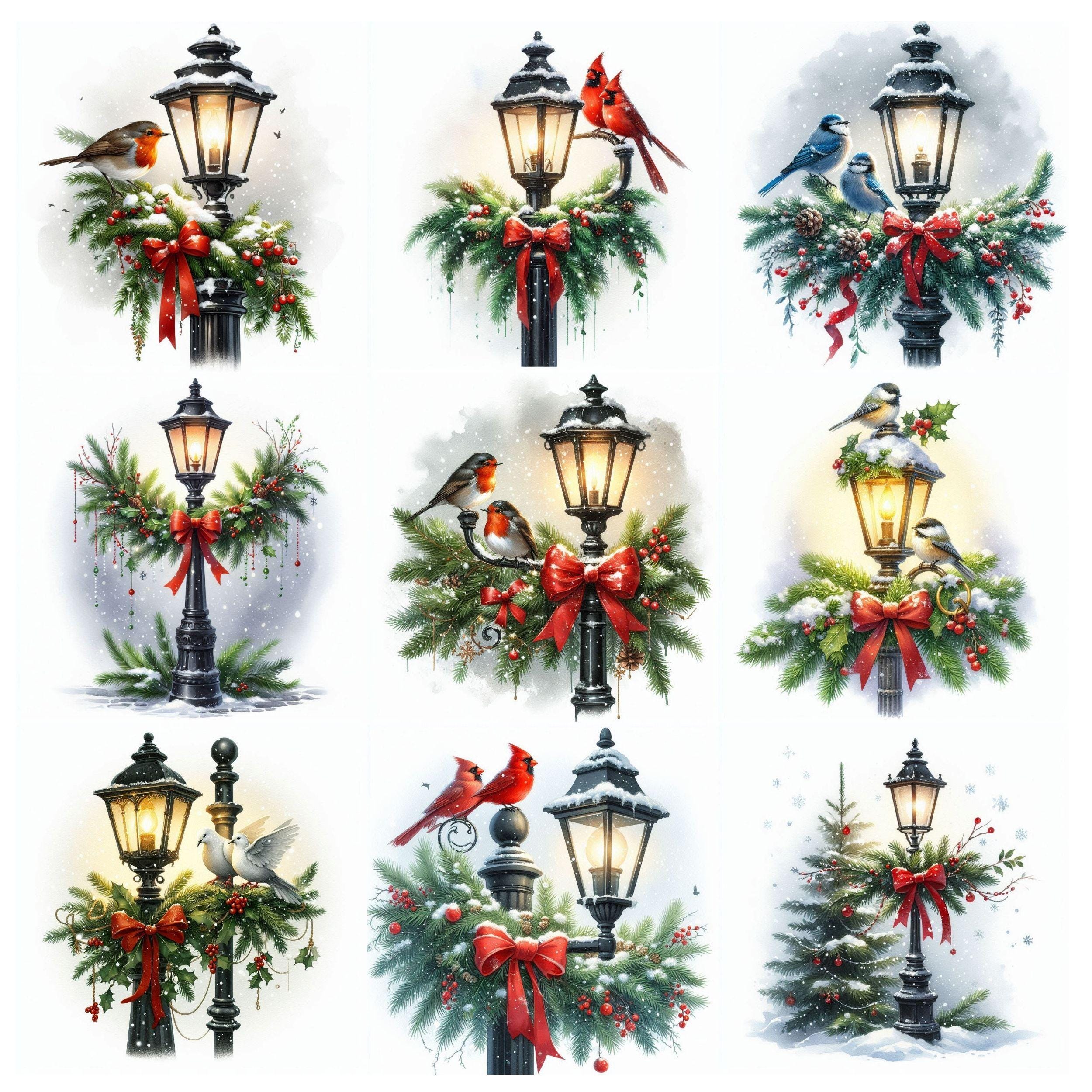 Christmas Lamp Post Clipart Bundle, Winter Street Light With Birds ...