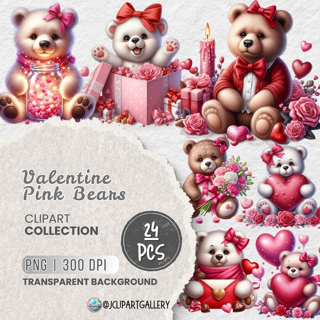 Valentine’s Day Teddy Bear Clipart Bundle PNG, Cute Romantic Bear ...