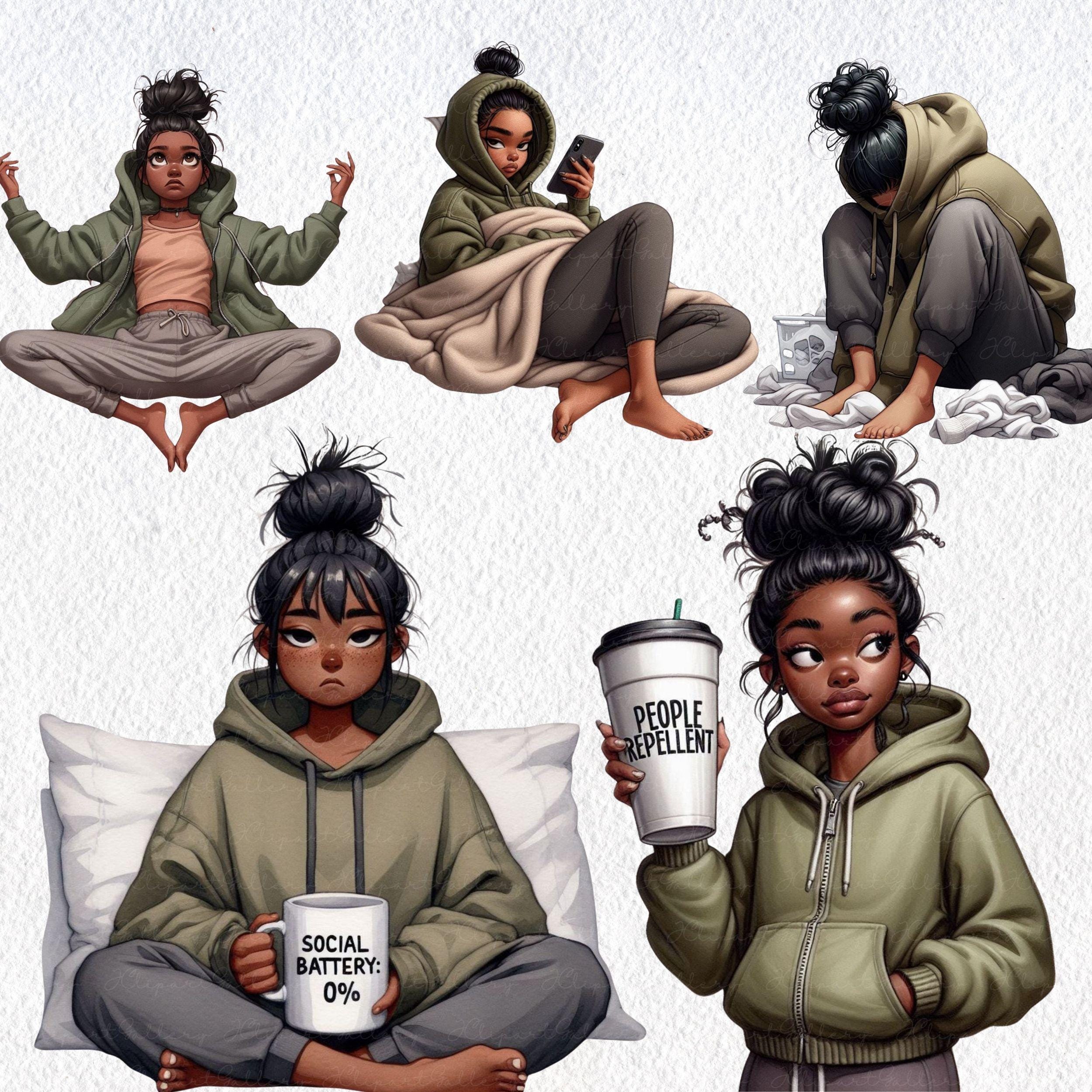 Quirky Introvert Black Girl Clipart, Social Battery Low Girl, Funny ...