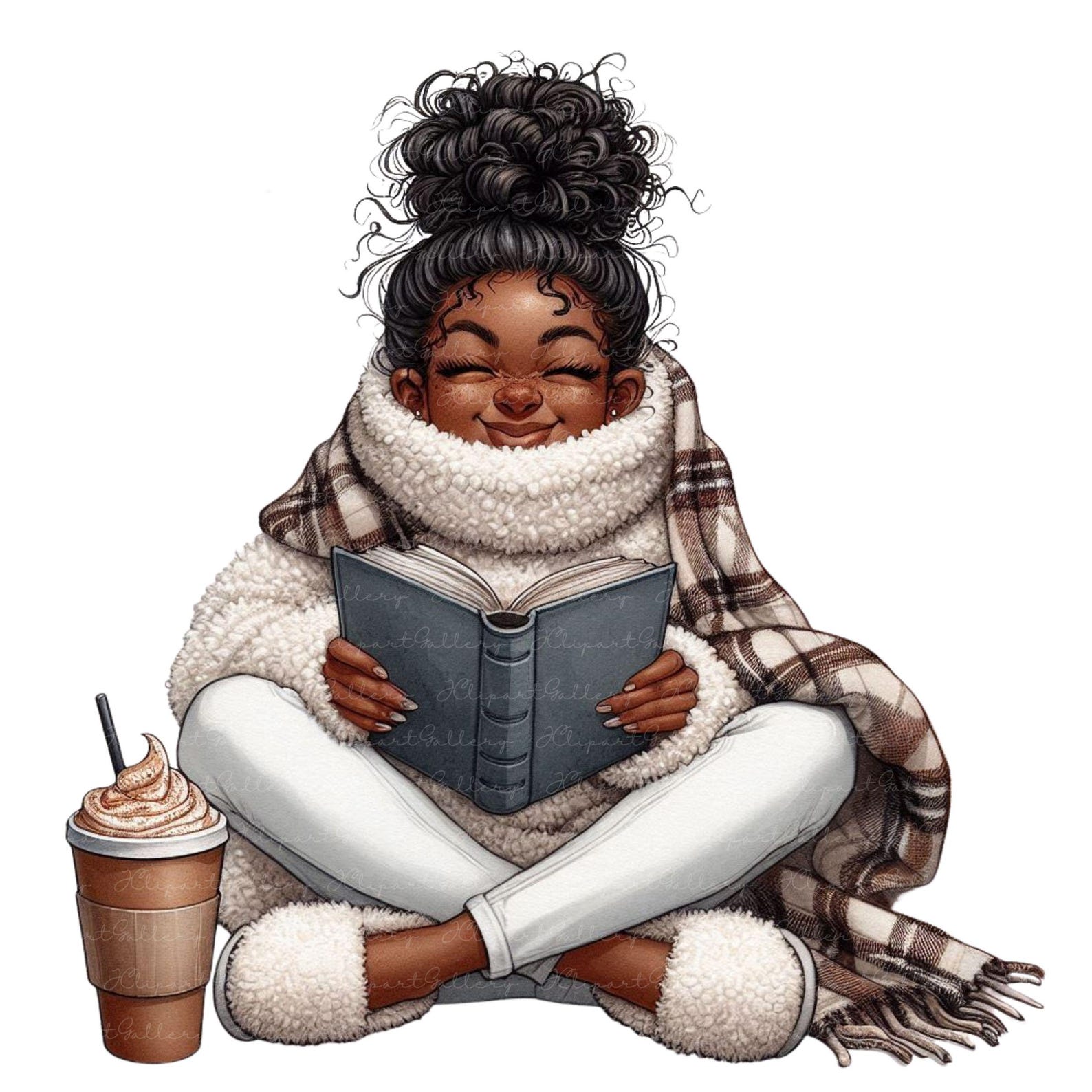 Black Girl Reading Clipart Bundle, Cozy Bookish Winter Png, Afro ...