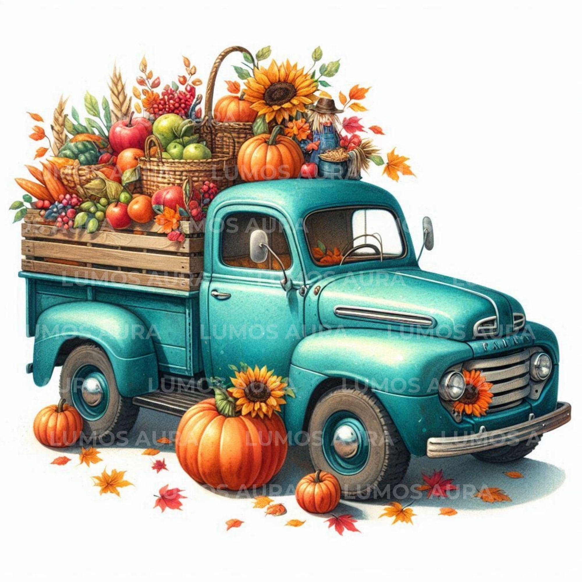 Watercolor Autumn Harvest Farm Truck Clipart JPEG Bundle, Commercial ...