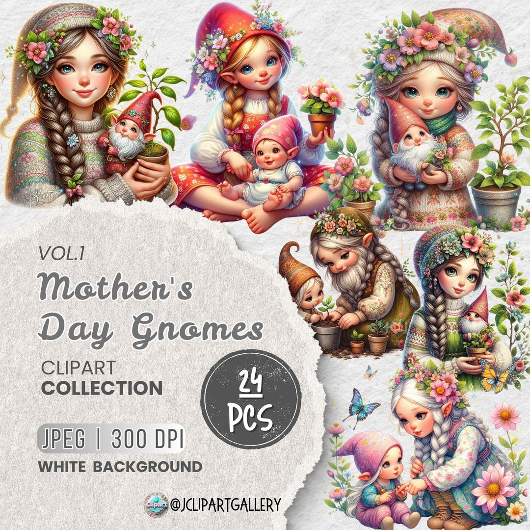 Watercolor Mothers Day Gnomes JPEG Clipart Bundle, Garden Gnome Clipart ...