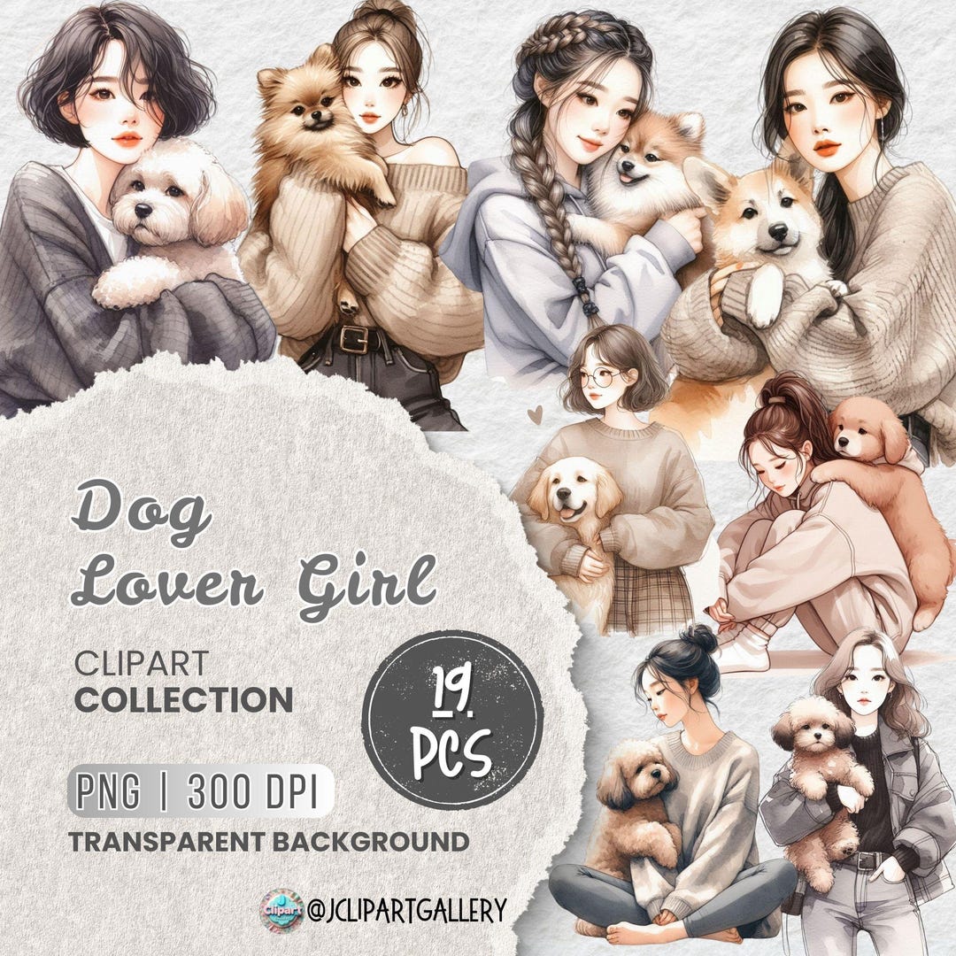 Watercolor Dog Lover PNG Clipart Bundle, Cute Girls & Puppy Graphics ...