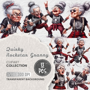 Quirky Rockstar Grandma Clipart, Funny Punk Granny, Musician Grandma ...