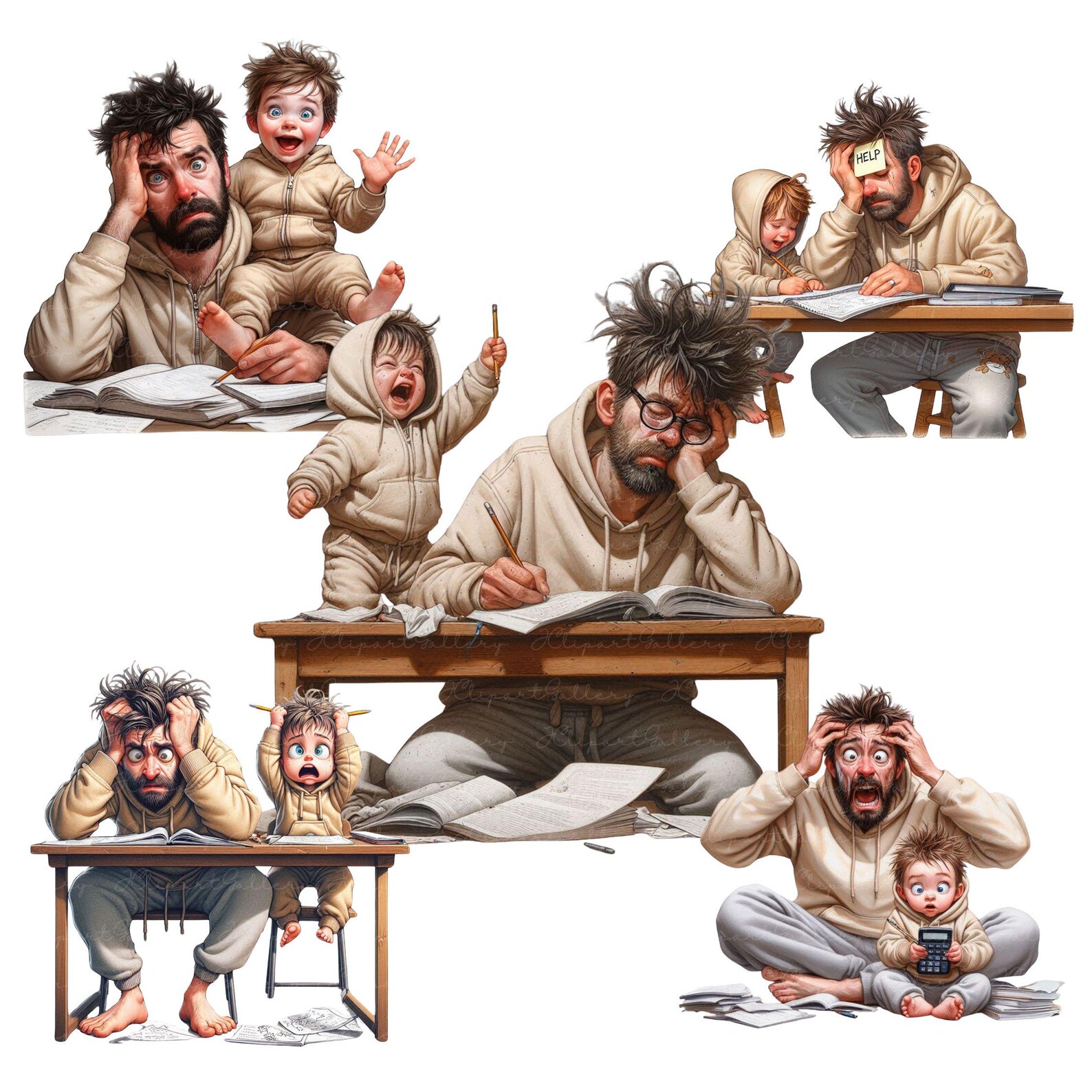 Quirky Dad and Son Studying Clipart, Funny Fatherhood PNG, Exhausted ...