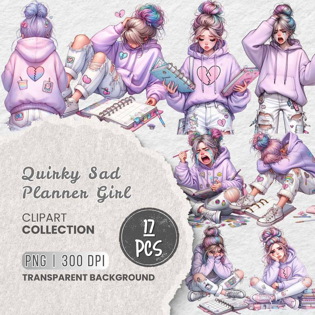 Quirky Sad Planner Girl Clipart, Emotional Planning, Crying Girl ...