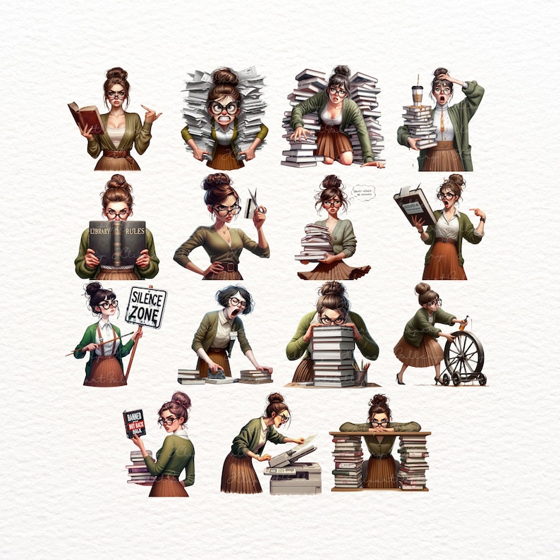 Quirky Librarian Clipart Bundle PNG, Funny Library Life, Book Lover ...