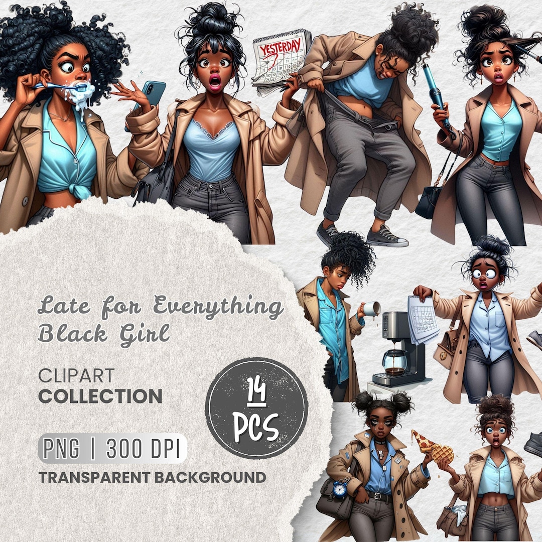 Late for Everything Black Girl Clipart, Relatable Morning Chaos, Quirky ...